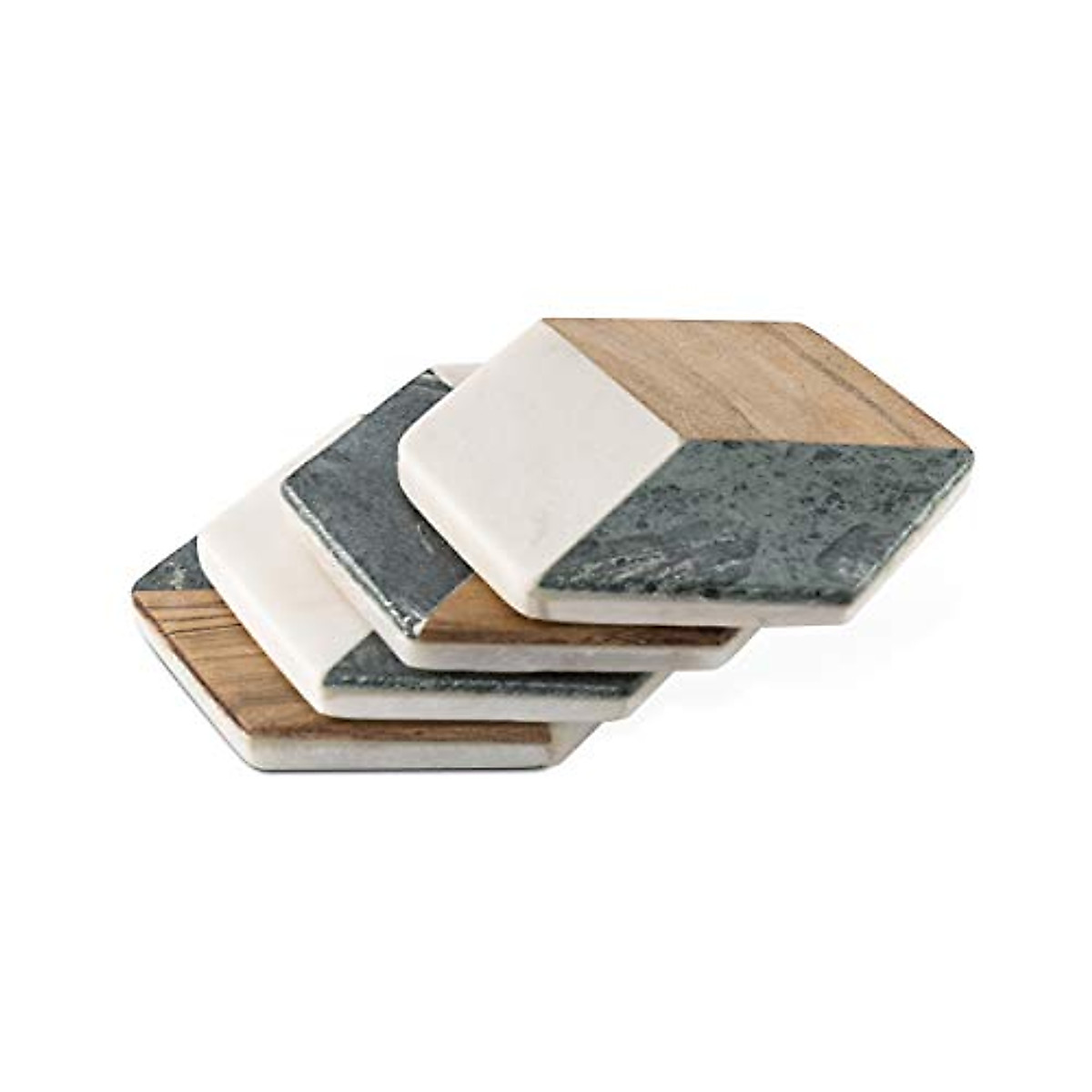 GoCraft Hexagon Geometric Coasters | Handcrafted Geometric Coasters with Green for Your Drinks, Beverages & Wine/Bar Glasses | Green Marble & Wood Inlay on White Marble Base (Set of 4)