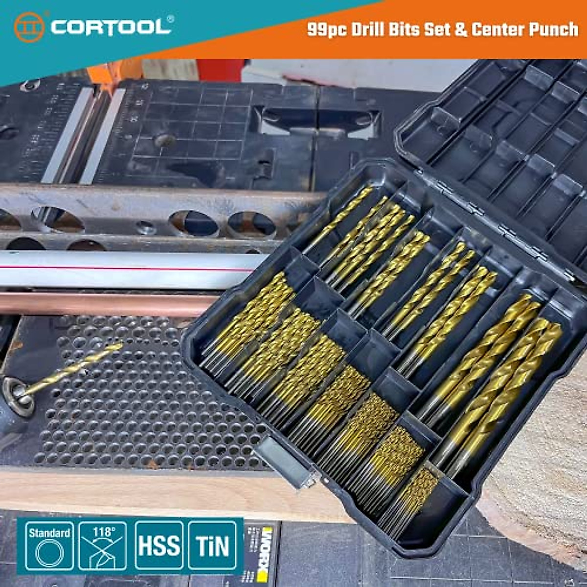 CORTOOL 99PCS HSS Titanium Drill Bit Set, 135 Degree Split Point HSS Drill Bits Kit with Storage Case for Steel, Aluminum, Copper, Soft Alloy Steel, Wood, Plastic Size from 1/16" to 3/8"