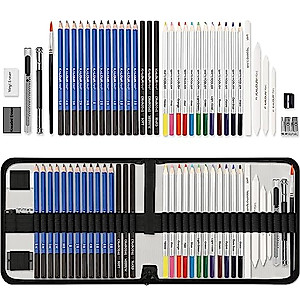 KALOUR Sketching Coloring Art Set - 38 Pieces Drawing Kit with Sketch Pencils,Watercolor Pencils,Charcoal,Brush,Eraser -Portable Zippered Travel Case - Art Supplies for Artists Beginners Adults Kids