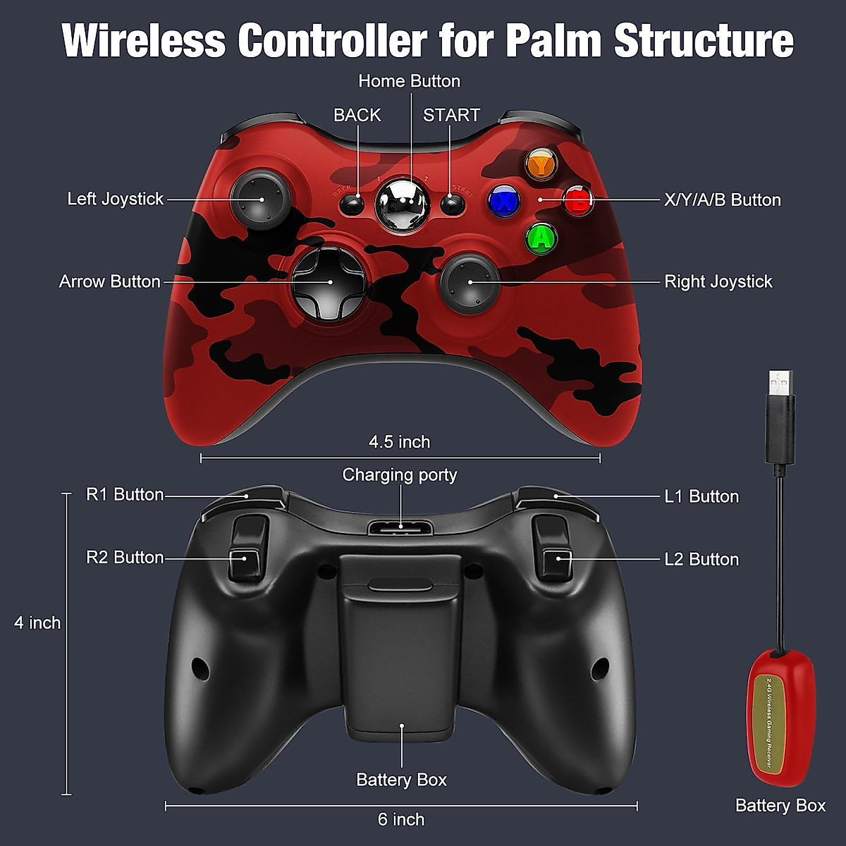 BUERTT Wireless Controller for Xbox 360, 2.4GHZ Game Joystick Controller Gamepad for Xbox 360 & Slim Console and PC Windows 7/8/10,No Audio Jack,Camo Red