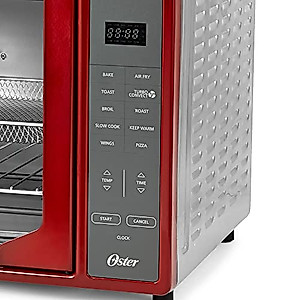 Oster Extra Large Single Pull French Door Turbo Convection Toaster Oven with 2 Removable Baking Racks, 60-Minute Timer, & Adjustable Temperature, Red