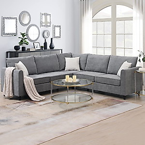 KoiHome 8888" Modern Upholstered Living Room Sectional, L Shape Fabric Corner Couch Set with 3 Pillows, 5 Seats Indoor Modular Sofa Chaise for Office,Apartment, Polyester, Plastic Leg, Grey