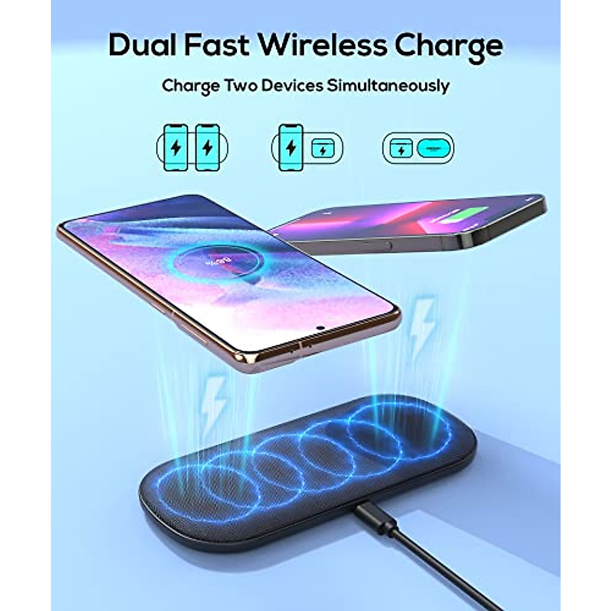 GuMosh Dual Wireless Charger- 5 Coils No Sweet Spot Charging Fast Wireless Charging Pad Qi Charging Station Compatible with iPhone 13/12/11/11 Pro Max/XS, Galaxy S20/S10, AirPods 3(with Adapter)