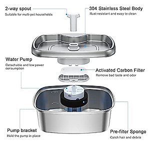 Bento Cat Water Fountain Stainless Steel 2-Way Spout, 2L/67oz Cat and Dog Fountain with Ultra Quiet Pump and 3 Carbon Filters, Dishwasher Safe, Pet Water Dispenser for Cats and Dogs