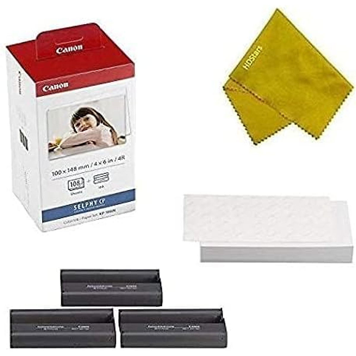 Canon KP-108IN 3 Color Ink Cassette and 108 Sheets 4 x 6 Paper Glossy for SELPHY CP1300, CP1200, CP910, CP900, CP760, CP770, CP780 CP800. Bonus: Quality Photo Microfiber Cloth