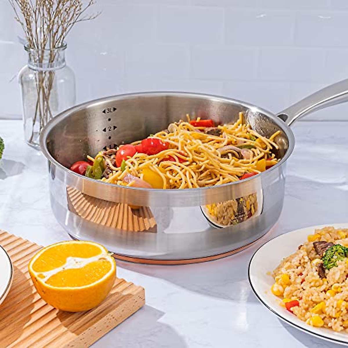 RD ROYDX Stainless Steel Deep Saute Pan With lid Copper Core 10 Inch Tri-ply Impact-bonded Base Technology Frying Pans for Cooking