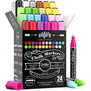 Loddie Doddie Liquid Chalk Markers | Dust Free Chalk Pens - Perfect for Chalkboards, Blackboards, Windows and Glass | 6mm Reversible Bullet & Chisel Tip Erasable Ink (Pack of 24)