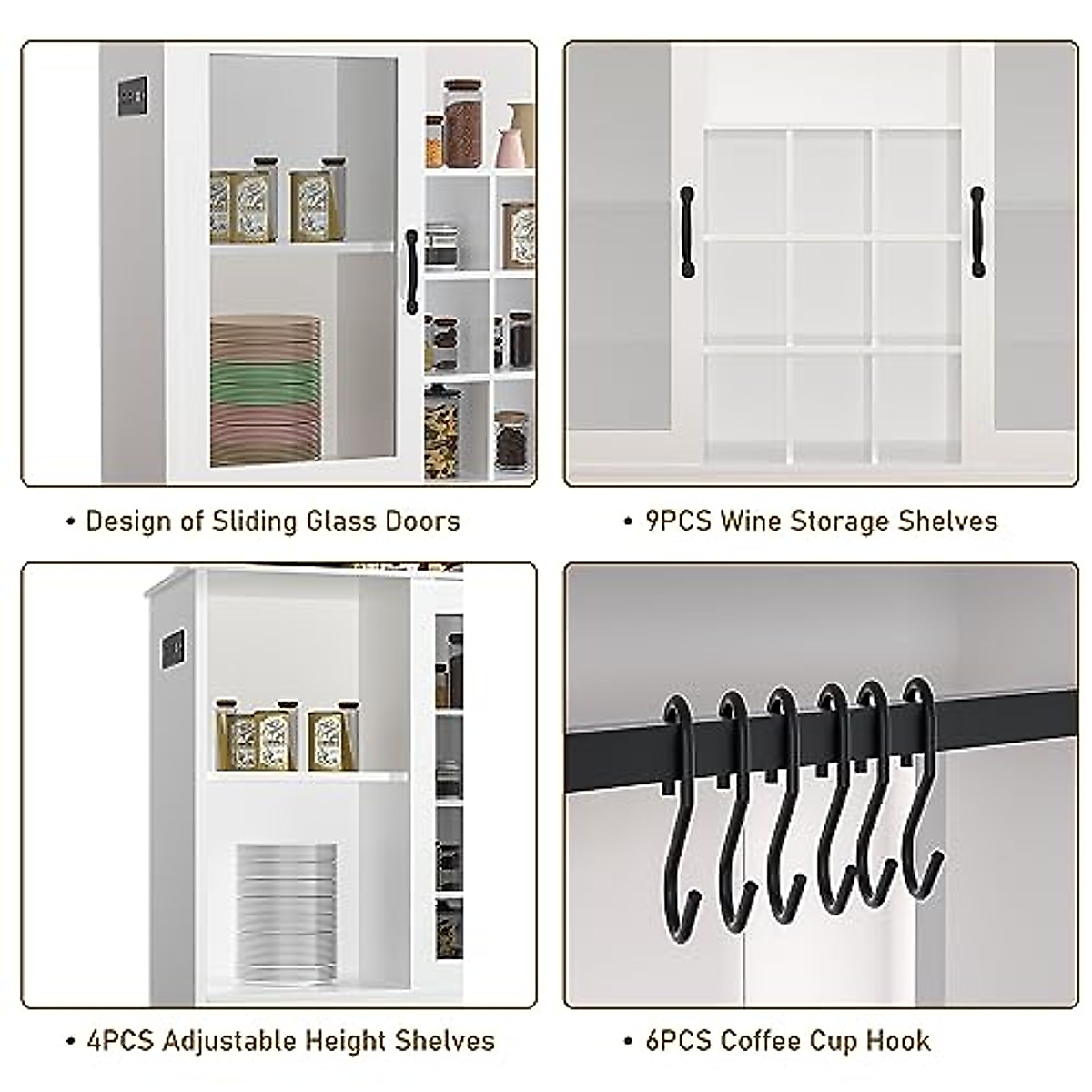 Vinctik 6&Fox Farmhouse LED Coffee Bar w/60000-color Lights,Power Outlet,7 Hooks,9Wink Racks,Adjustable Shelf for Tea Liquor Wine.Sliding Glass Door