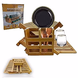 Collapsible Bamboo Dish Drying Rack with Utensil Holder - Convenient Kitchen Storage Solution for Dish Drainer and Messy Countertops