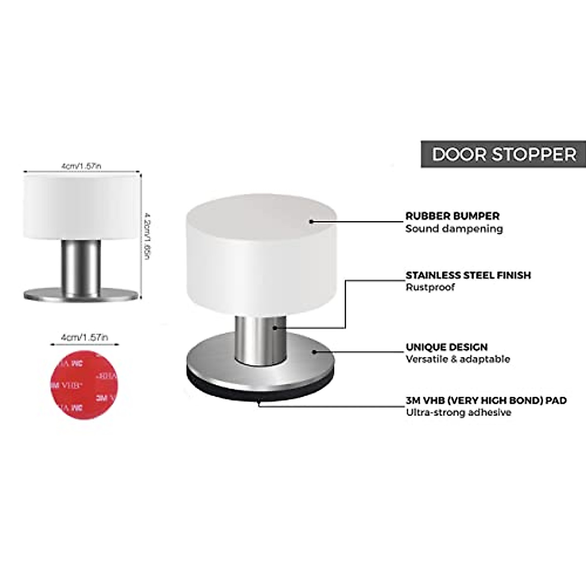Door Stoppers with Extra Stickers, Self-Adhesive Door Stop with White Rubber & Stainless Steel Body - Heavy Duty Sound Dampening Door Bumpers for Home & Office, Door stoppers for Bottom of Door