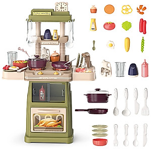 deAO Kitchen Toys for Kids Kitchen Playset Toy,Role Play Game Pretend Food and Cooking Playset (Green)
