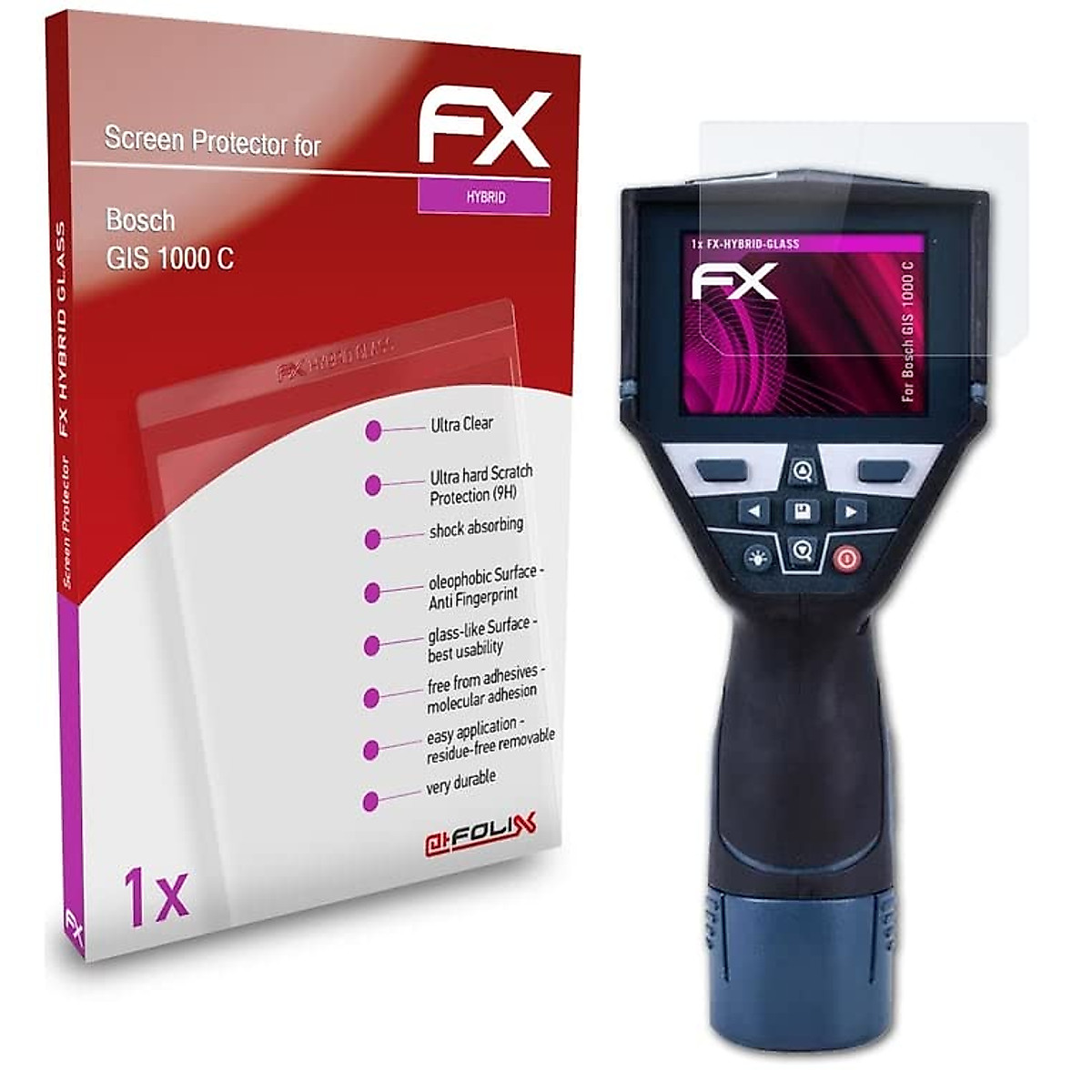 atFoliX Plastic Glass Protective Film compatible with Bosch GIS 1000 C Glass Protector, 9H Hybrid-Glass FX Glass Screen Protector of plastic