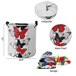 Red Black White Butterfly Laundry Basket Large 16.5"x17" Waterproof Laundry Hamper, Vintage White Wooden Grain Collapsible Toys Blankets Storage Baskets Clothes Hamper for Bathroom Bedroom Living Room