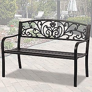 Dkeli 50” Garden Patio Bench Outdoor Metal Park Bench Furniture Cast Iron Porch Chair Seat with Armrests 480BLS Bearing Capacity for Park Yard Deck Lawn, Black