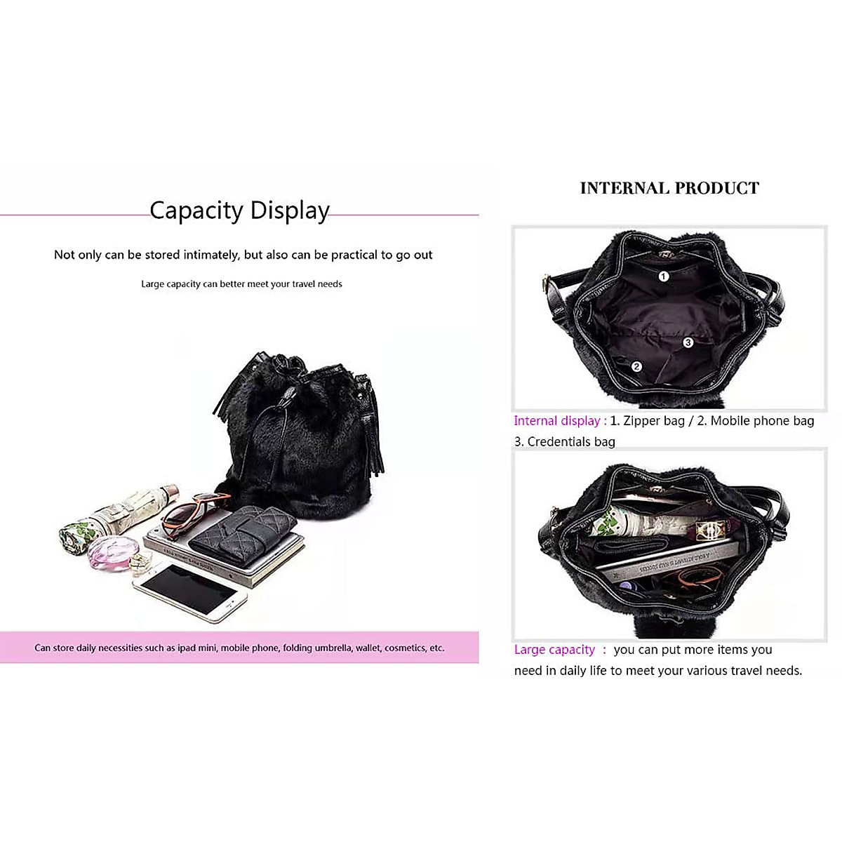 ENYIWH Women Leopard Print Faux Purse Fur Drawstring Bucket Bag Shoulder Crossbody Bag