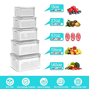 Cthglong 5 PCS Fruit Containers for Fridge, Food Storage Containers with Removable Colander, Dishwasher & Microwave Safe Produce Container, Fridge Organizers Keep Fruit, Berry, Vegetable, Fresh Longer