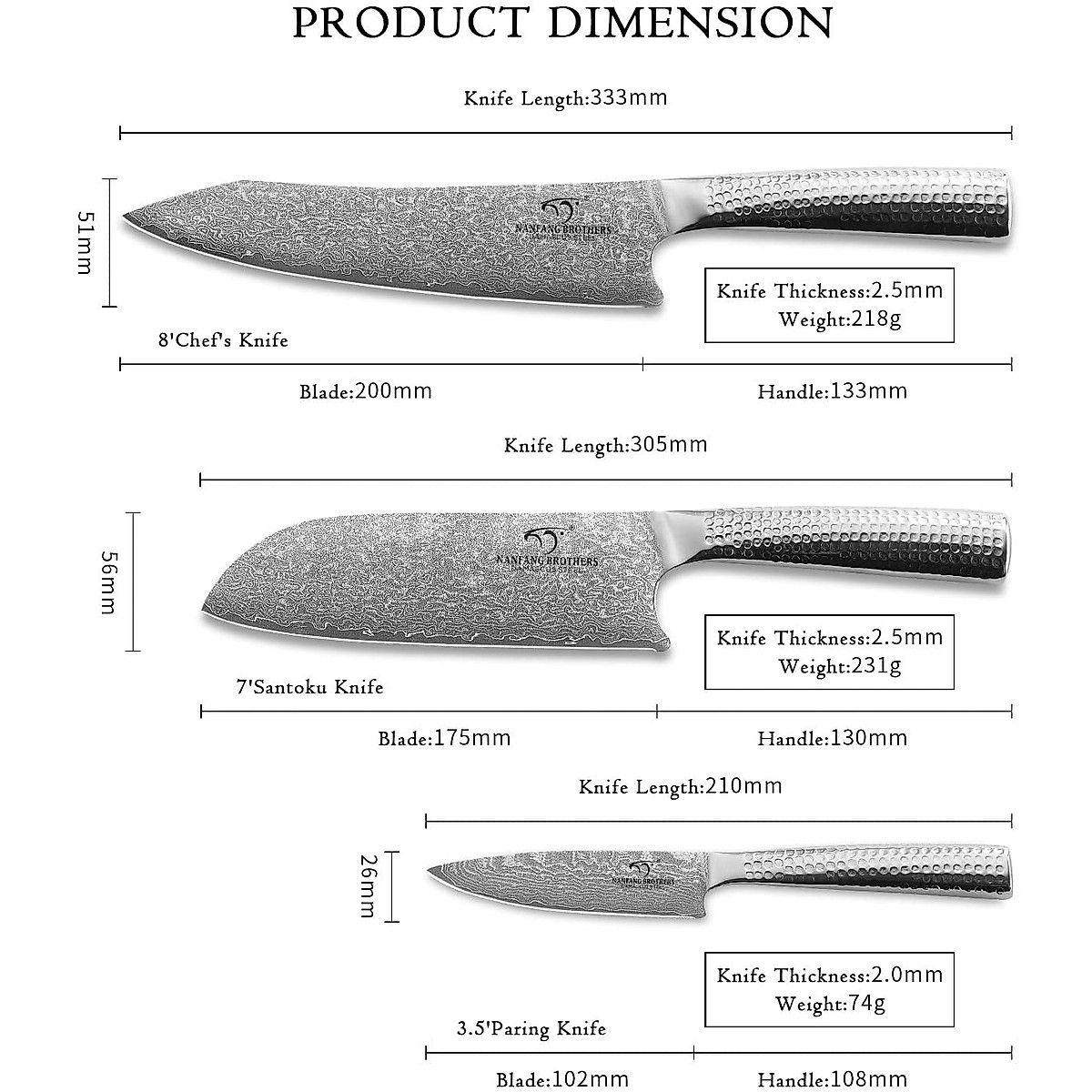 3 Pieces Damascus Kitchen Knife Set with 8” Chef Knife, 7” Santoku Knife, 3.5” Paring Knife, 67 Layer Handmade Damascus VG10 Steel Core, Hammered Ergonomic Handle (Gift Box)