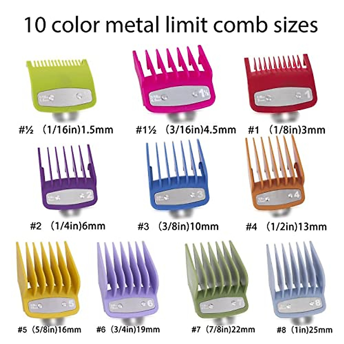 10 Pack Clipper Guards Cutting Guides Compatible with Wahl Clipper with Metal Clip/Color Coded-from 1/16 Inch to 1 Inch(1.5-25mm)，Fits All Full Size Compatible with Wahl Clippers