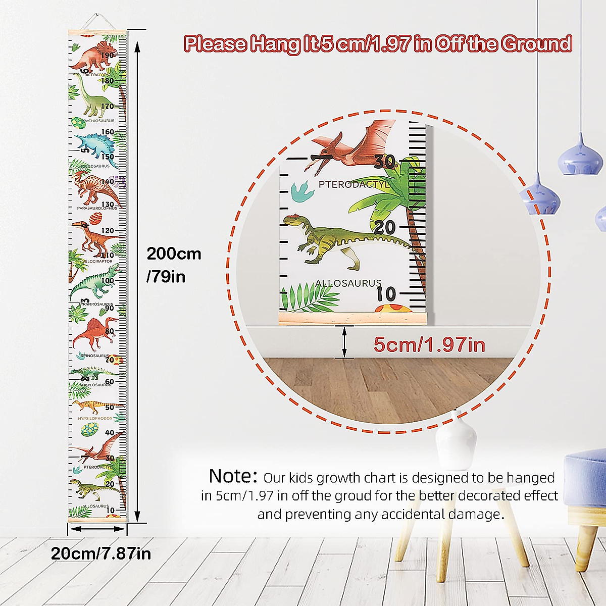 HIFOT Kids Dinosaur Growth Chart Height Measuring Chart, Canvas Wall Hanging Rulers for Baby Children Kids Boys Bedroom Decor