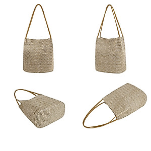 Women Straw Shoulder Bag Bucket Bag Beach Hobo Handbag Top Handle Satchel Purse for Summer, Dark Beige