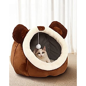 Lcybem Cat Beds for Indoor Cats - Cat Bed Cave with Removable Washable Cushioned Pillow, Soft Plush Premium Cotton No Deformation Pet Bed, Roomy Bear Cat House Design, Multiple Sizes-L