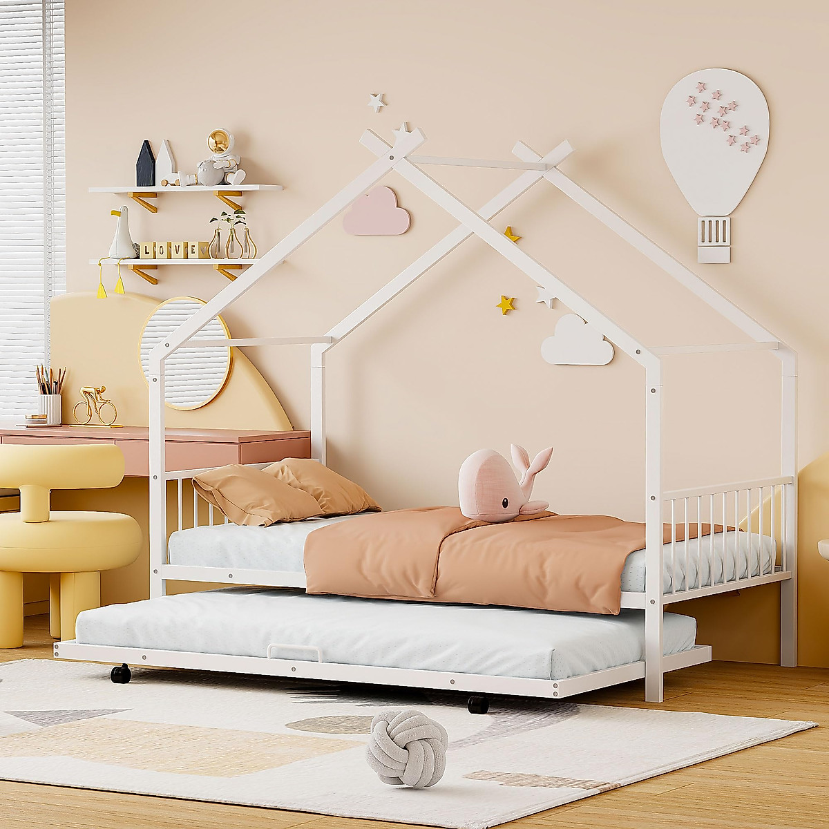 Guxeei Twin Size Metal House Bed, Modern Design Bed Frame with Trundle for Bedroom, Wood Slat Support, No Box Spring Needed, Easy Assembly (White)