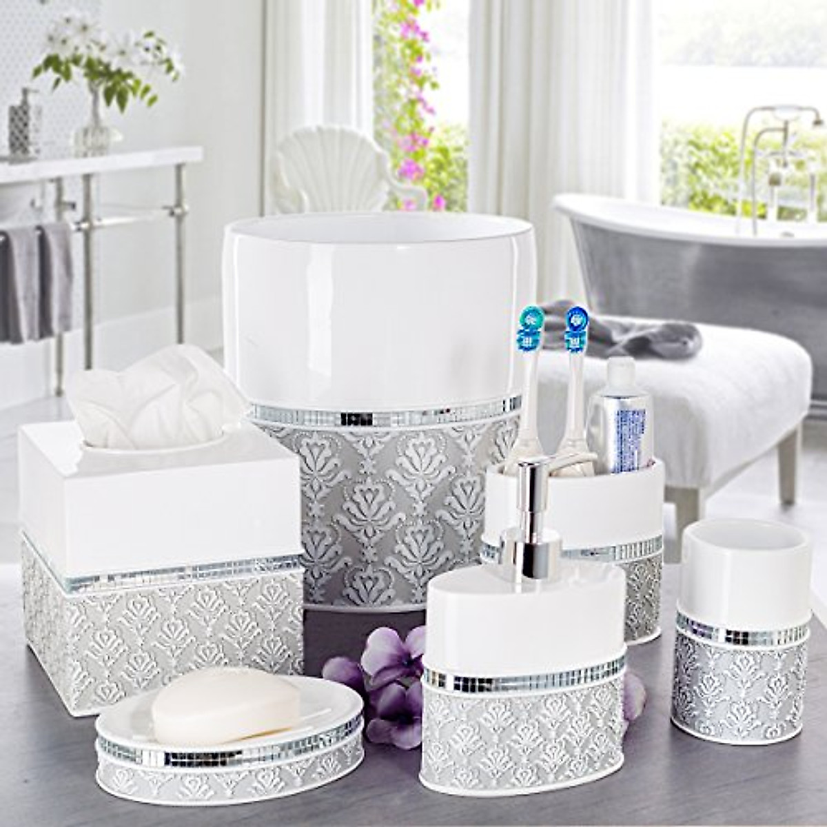 Creative Scents White And Gray Bathroom Accessories Set - Decorative 6-piece Bathroom Set Includes: Trash Can, Tissue Cover, Soap Dispenser, Soap Dish, Toothbrush Holder & Tumbler, Mirror Damask Style