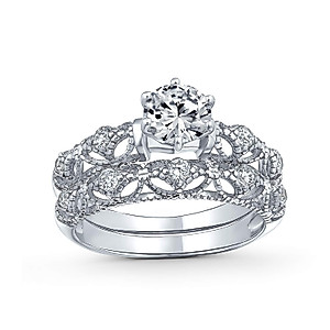 Bling Jewelry Silver Vintage Style .75ct CZ Engagement Wedding Ring Set ,5