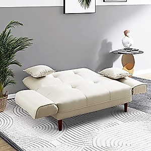 SoarFlash Convertible Futon Sofa Bed with 2 Pillows, Small Couch with Adjustable Armrest and Wood Legs, Upholstered Loveseats Furniture Low Back 2-Seat Sofa Couch with 5-Angle Backrest (Beige)