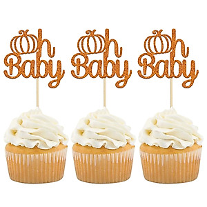 Gyufise 24Pcs Pumpkin Oh Baby Cupcake Toppers Orange Glitter Fall Theme Cupcake Picks Pumpkin Themed Baby Shower Birthday Thanksgiving Halloween Party Cake Decorations Supplies