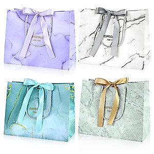 JMANNI Gift Bags, 4PCS Gift Bags Medium Size with Bow Ribbon, Portable Paper Gift Bag with Handles, Birthday Gift Bags, Marble Pattern Present Bags for Christmas Wedding Party Mothers Day（Marble Style）