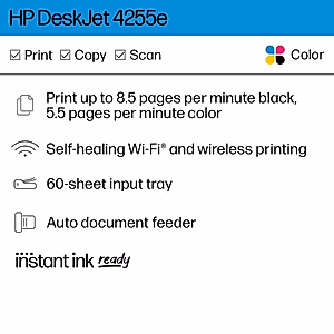 HP DeskJet 4255e Wireless All-in-One Color Inkjet Printer, Scanner, Copier, Best-for-Home, 3 Months of Instant Ink Included (588S6A)