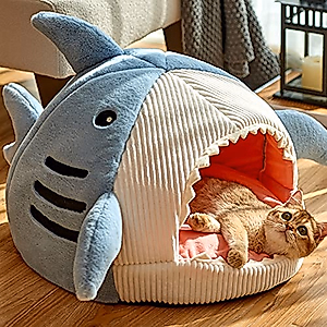 Shark Shape Cat Cave Bed with Thick Cushion, Kitten Cat Soft Warm House for Indoor Cats Anti-Slip Bottom, Cat Tent with Removable Washable Cushioned Pillow, Cat Hut Sleeping Bag Small Dog Bed - XL