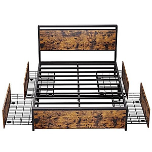 Amyove Queen Bed Frame with Headboard and 4 Storage Drawers,Metal Platform Bed with Large Storage Space No Box Spring Needed Noise Free Rustic Brown (Queen)
