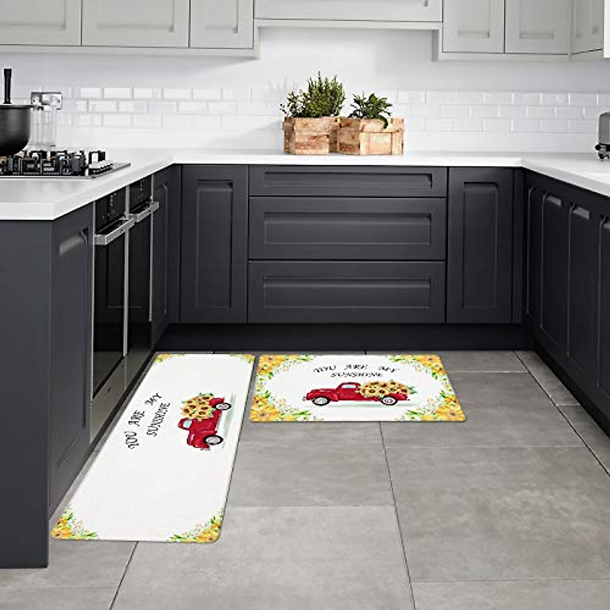Kitchen Rug and Mat Set You re My Sunshine,Water Absorption Floor Doormat Floral Country Red Truck Car with Yellow Sunflower,Washable Carpet for Kitchen Sink Laundry Bar Decor 18x30+18x48In