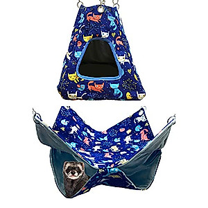 FULUE Small Animal Tent and Double Hammock for Ferret Rat Guinea Pig Degu Mice Hamster（Blue）