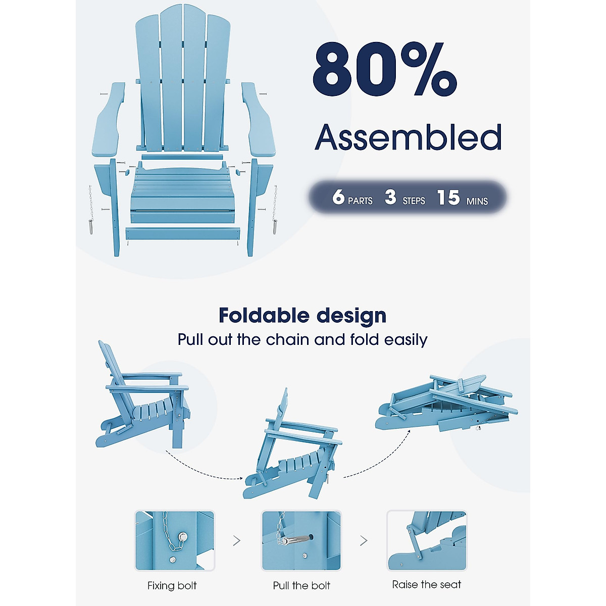 KINGYES Folding Adirondack Chair, HDPE All-Weather Folding Adirondack Chair, Light Blue