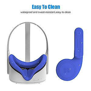 AMVR VR Silicone Face Cover & Ear Muffs for Oculus Quest 2 Headset, Sweatproof Waterproof Anti-Dirty Replacement Facial Cushion and Enhance Headset Sound Headphone Extension Cover (Blue, 1 Set)