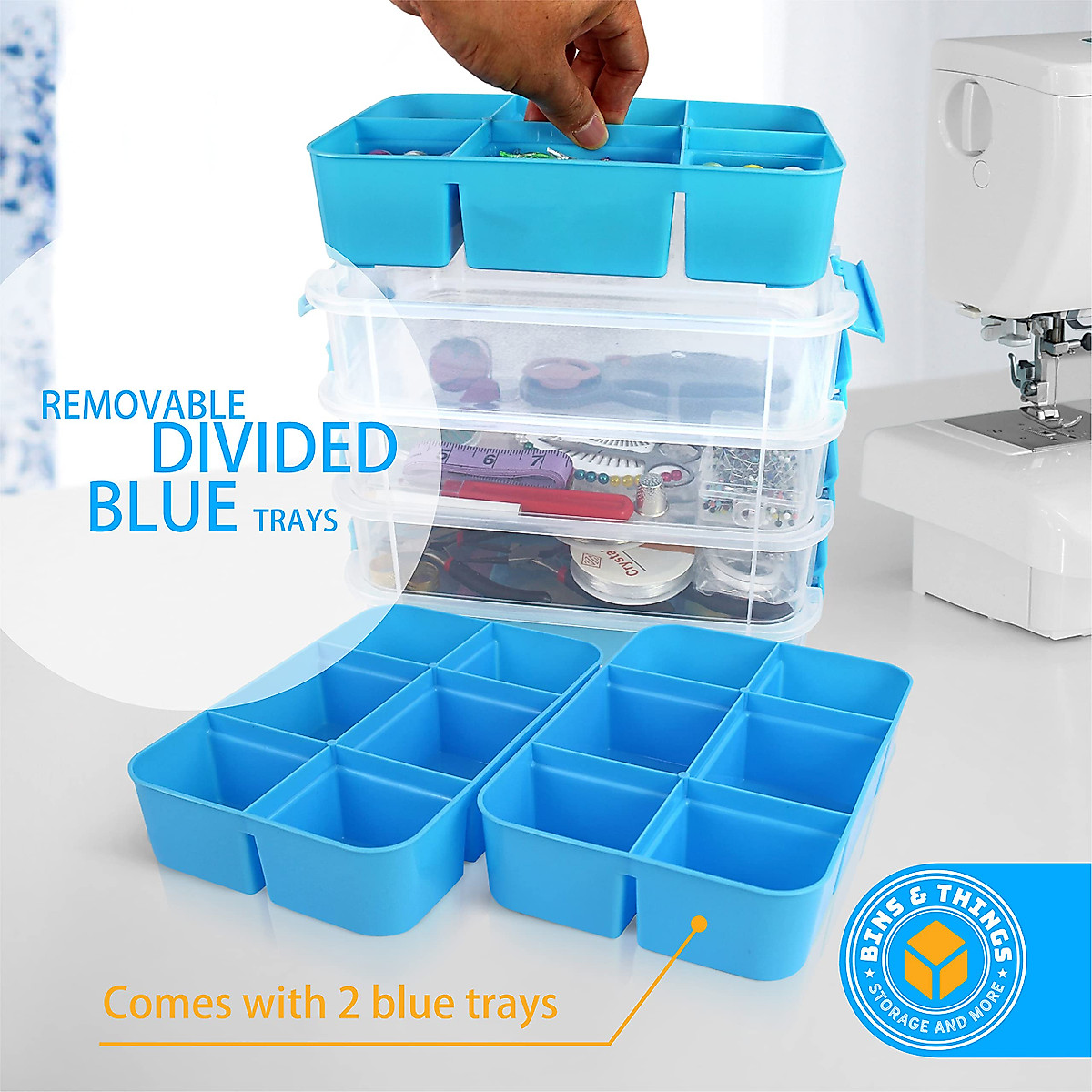 Bins & Things Ultimate Storage Containers Bundle Each with 2 Trays - Blue/Grey - Craft Storage/Craft Organizers and Storage - Bead Organizer Box/Art Supply Organizers.