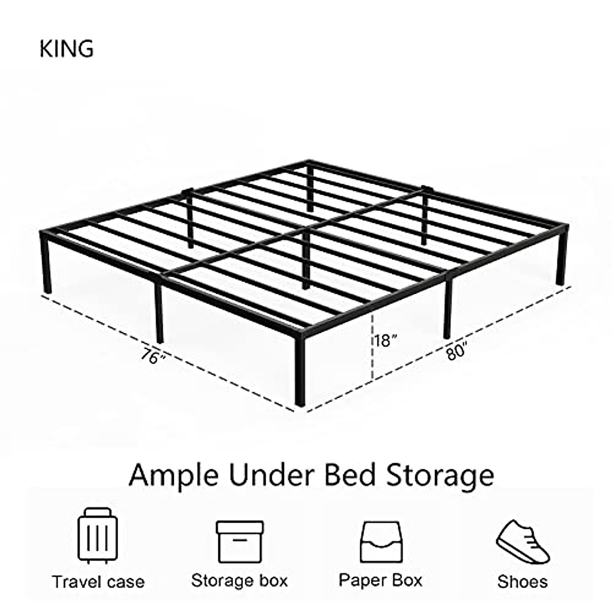 LIJQCI King Size Bed Frame, 18 Inch King Bed Frame No Box Spring Needed, Metal Platform Heavy Duty Mattress Foundation Steel Slat Support 3000 lbs, Easy Assemble, Non Slip, Noise Free, Black