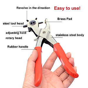 Leather Hole Punch Tool Set Heavy Duty 6 Size Revolving Leather Belt Hand Hole Puncher for Belts, Watch Bands, Straps, Dog Collars, Saddles, Shoes, Fabric, DIY Home or Craft Projects (9'', Silver/Red)