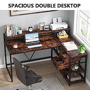 Tribesigns Reversible L Shaped Desk with Drawer, Industrial Corner Desk Home Office Table with Storage Shelves and Monitor Stand, Rustic Wooden and Metal PC Desk for Small Space (Rustic)