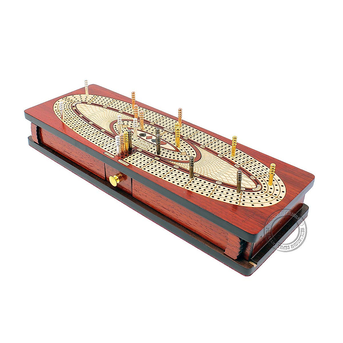 House of Cribbage - Continuous Cribbage Board/Box Inlaid in Blood Wood/Maple : 4 Track - Sliding Lids, Drawer & Metal Pegs with Score Marking Fields for Skunks, Corners and Won Games