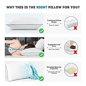 VVZ Shredded Memory Foam Pillows, Bed Pillows for Sleeping 2 Pack Standard Size 20 x 26 Inches, Luxury Hotel Cooling Gel Foam Pillows Set of 2, Adjustable Loft Pillow for Side and Back Sleepers
