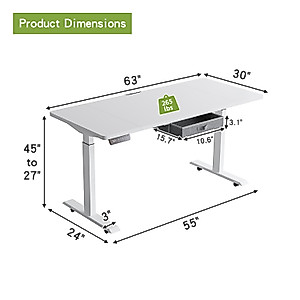 Radlove Dual Motors Height Adjustable 63 x 30'' Electric Standing Desk with Drawer Stand Up Table 4 Memory Keys, Computer Desk with Splice Board Home Office Desk, White Top + White Frame
