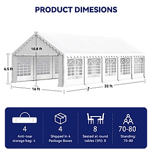 PHI VILLA 32'x16' Outdoor Heavy Duty Party Tent Large Commercial Canopy Wedding Event Shelter Carport with Removable Sidewalls & 4 Storage Bags for Patio Outdoor Garden Events, White