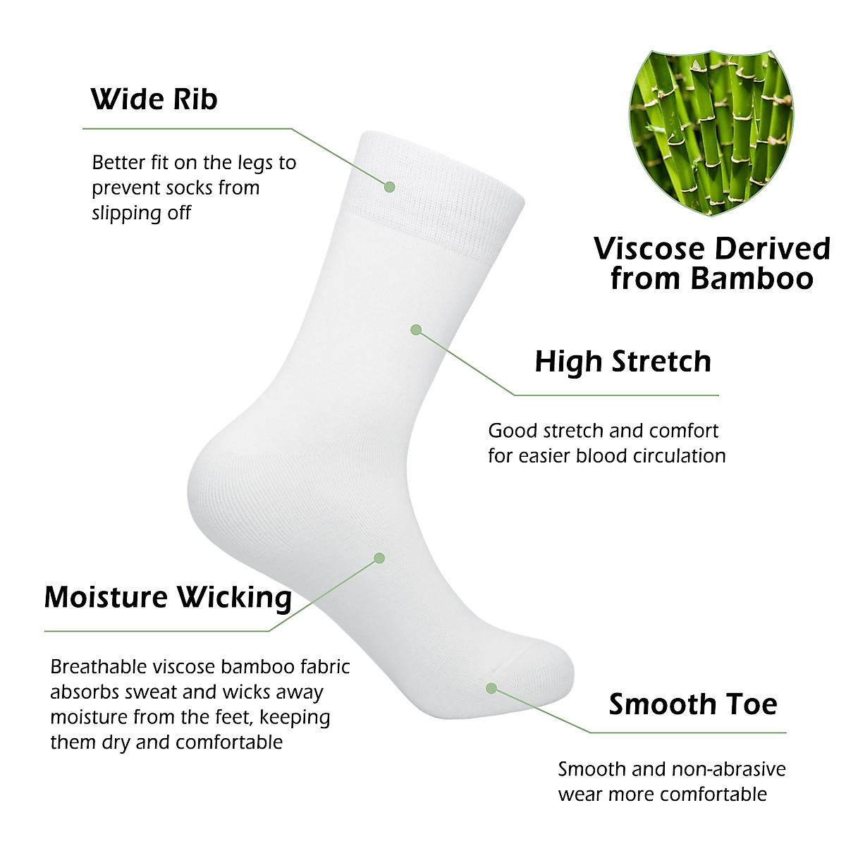 SERISIMPLE Viscose Bamboo Dress Men Sock Thin Soft Crew Anti Odor Lightweight Sock Breathable Comfort Cool soft Sock 5 Pairs (US, Alpha, Large, Regular, Regular, White)