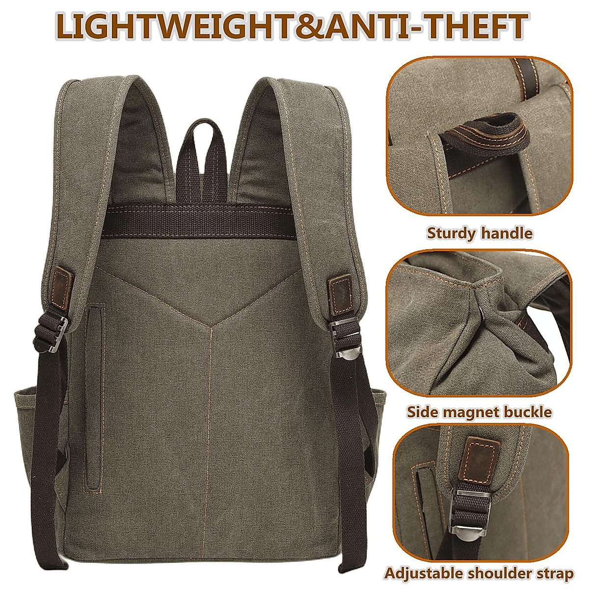 JIELV Canvas Vintage Backpack,Mens Travel Rucksack,Casual Daypack Bookbag for Laptop School College Hiking(Army Green)