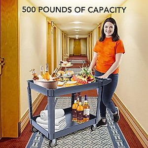 Garvee Service Utility Cart 2-Shelf Utility/Service Cart, 500-Pound Capacity, Storage Handle, for Warehouse/Garage/Cleaning/Manufacturing，45"X25" Grey