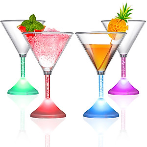 Honeydak 4 Pcs Light up Plastic Martini Cocktail Glasses LED Flashing Martini Drinking Margarita Wine Glasses Acrylic Glow in The Dark Cups for Wedding Birthday Party Favors